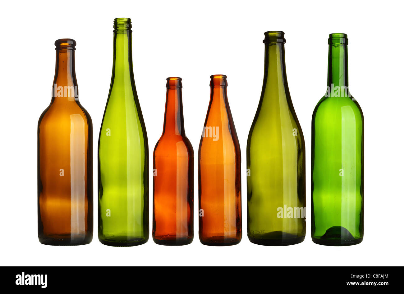 Empty bottles in a row isolated over white background Stock Photo - Alamy