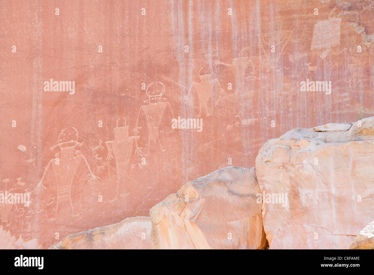 Ancient petroglyphs from the Fremont people on canyon wall, Capitol ...