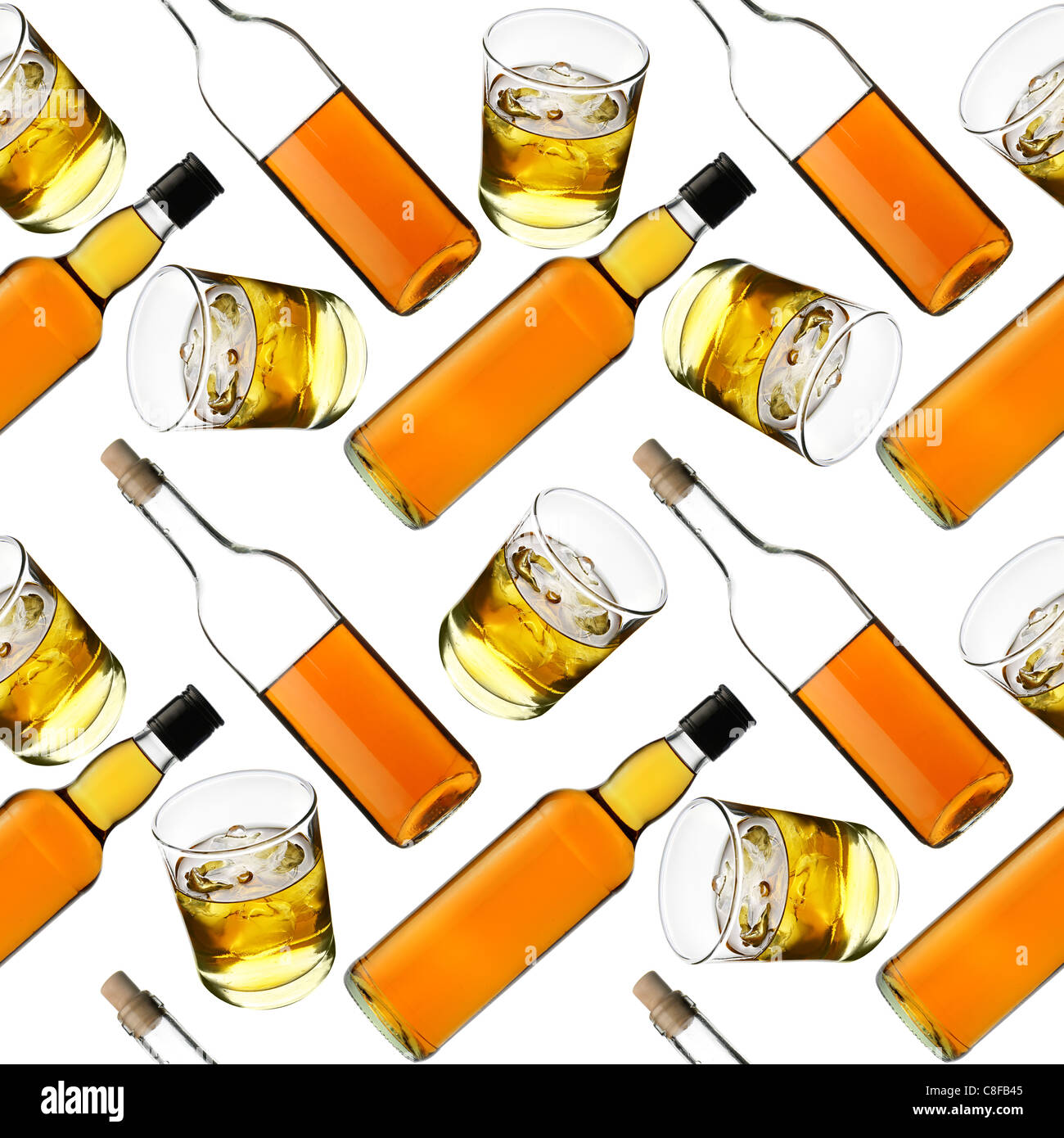 Seamless pattern - Bottles and glasses of whisky over white background ...