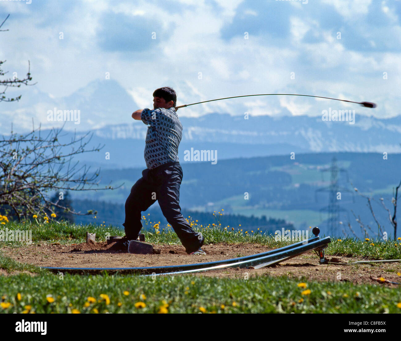 Tradition, folklore, man, canton Bern, Emmental, Switzerland, Hornussen ...