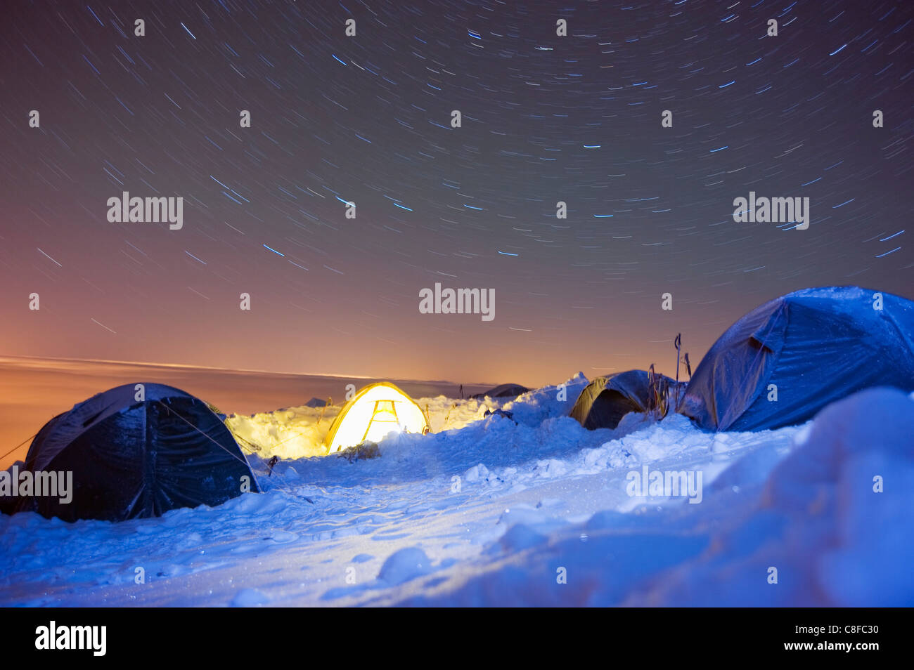 Star trails, camp site at 4000m on Mont Blanc, Chamonix, French Alps ...