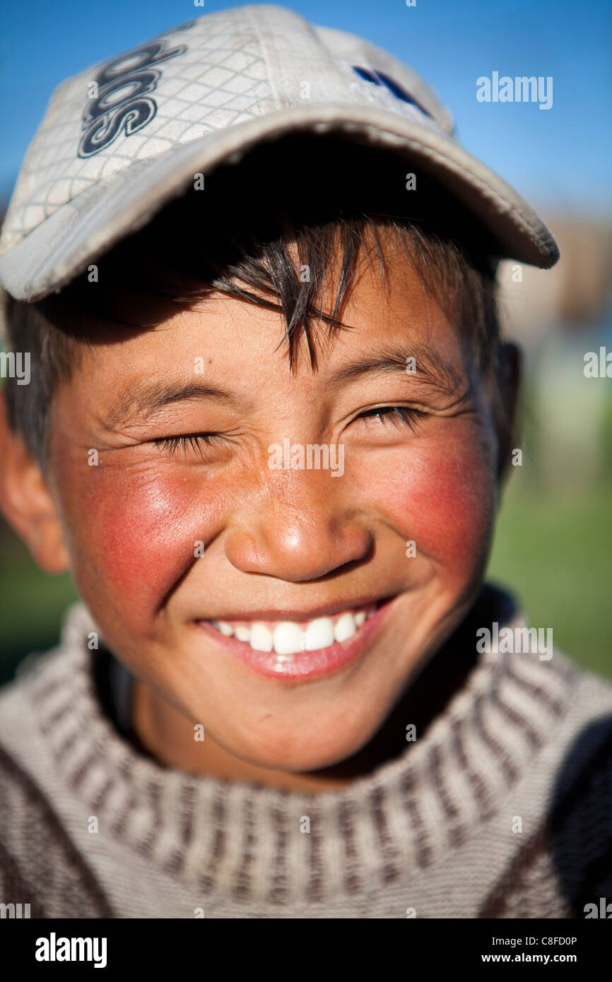 Horseman`s boy have big smile in Tsagaan Nuur, Khovsgol, Mongolia Stock ...