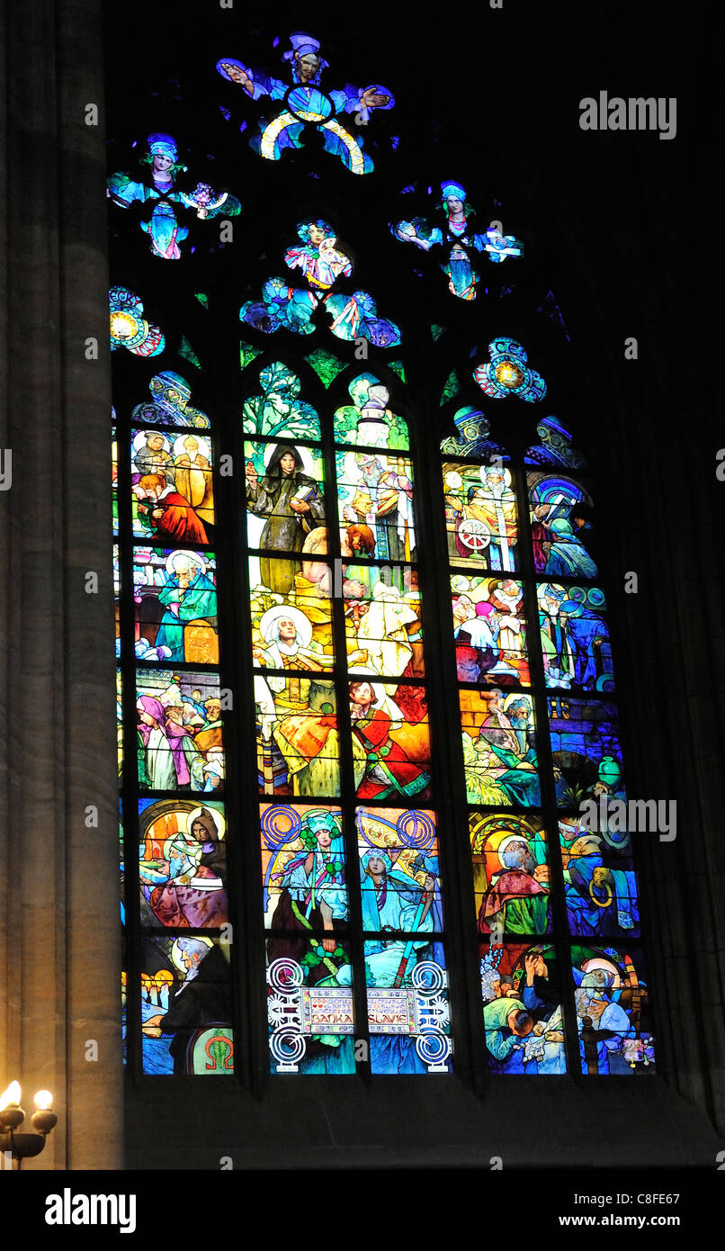 Stained Glass window St. Vitus Cathedral Prague Castle Czech Republic ...