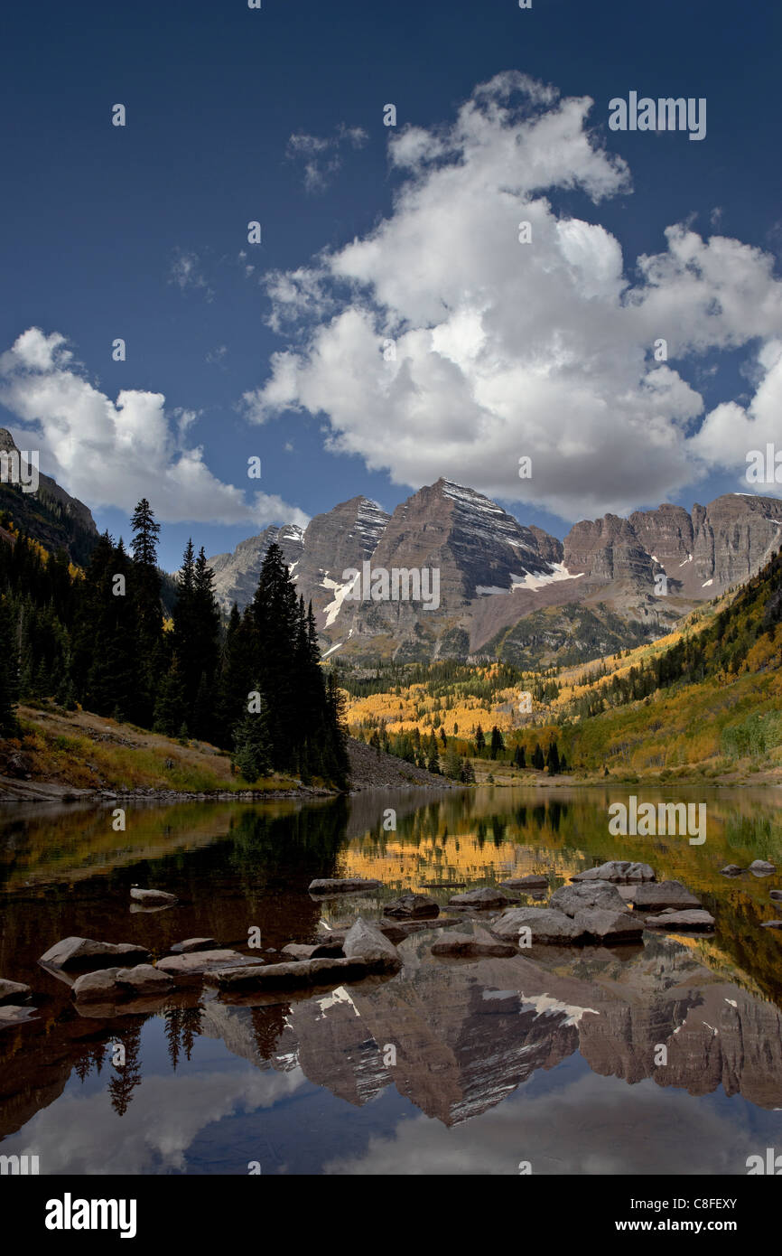 Maroon Bells reflected in Maroon Lake with fall color, White River ...