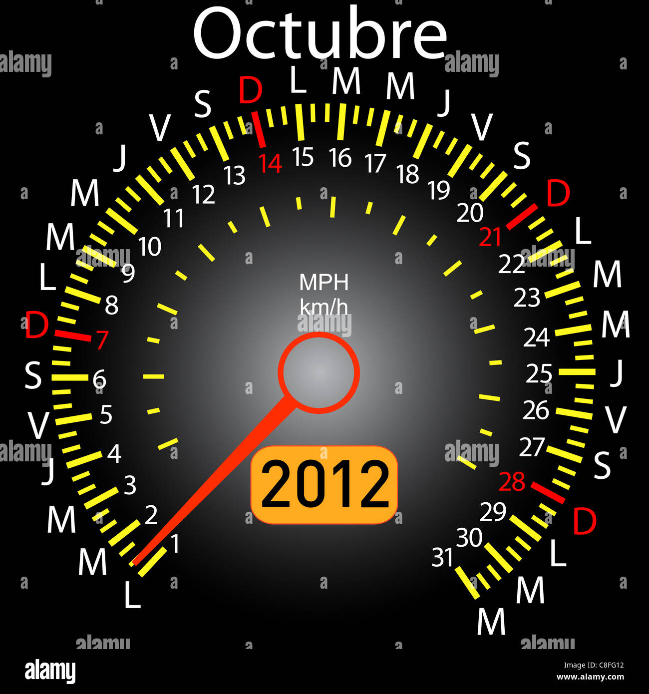 2012 year calendar speedometer car in Spanish. October Stock Photo - Alamy