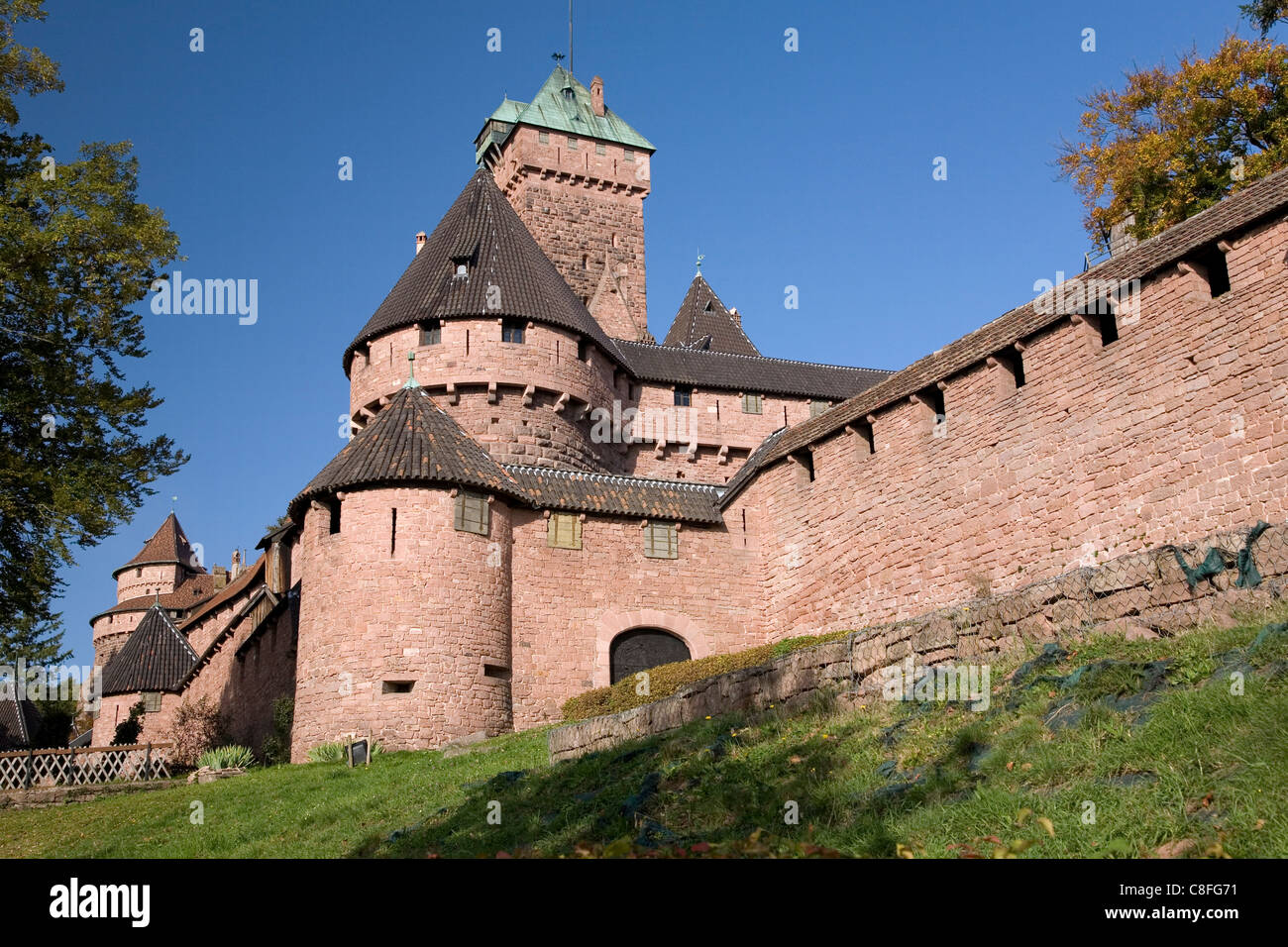 Haut-Koenigsbourg castle exterior walls, restored medieval castle ...