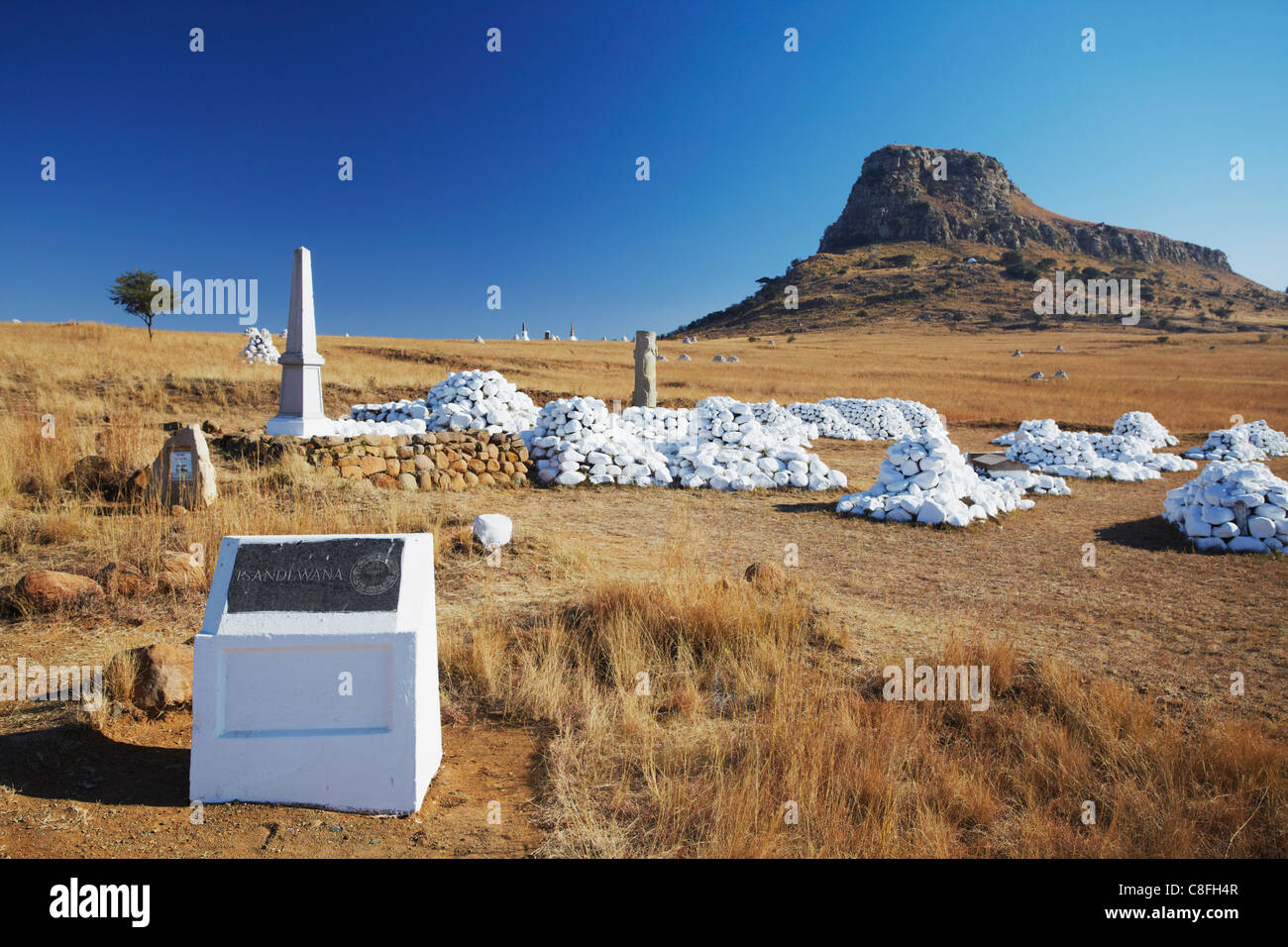 White stone cairns and memorials to British soldiers at Isandlwana ...
