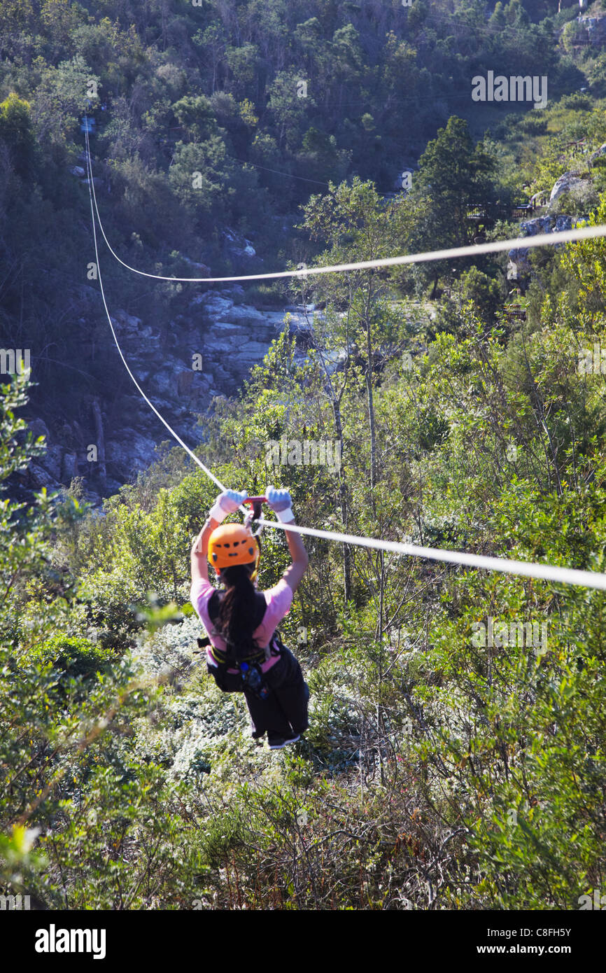 Woman sliding down a zip-line, Storms River, Eastern Cape, South Africa ...