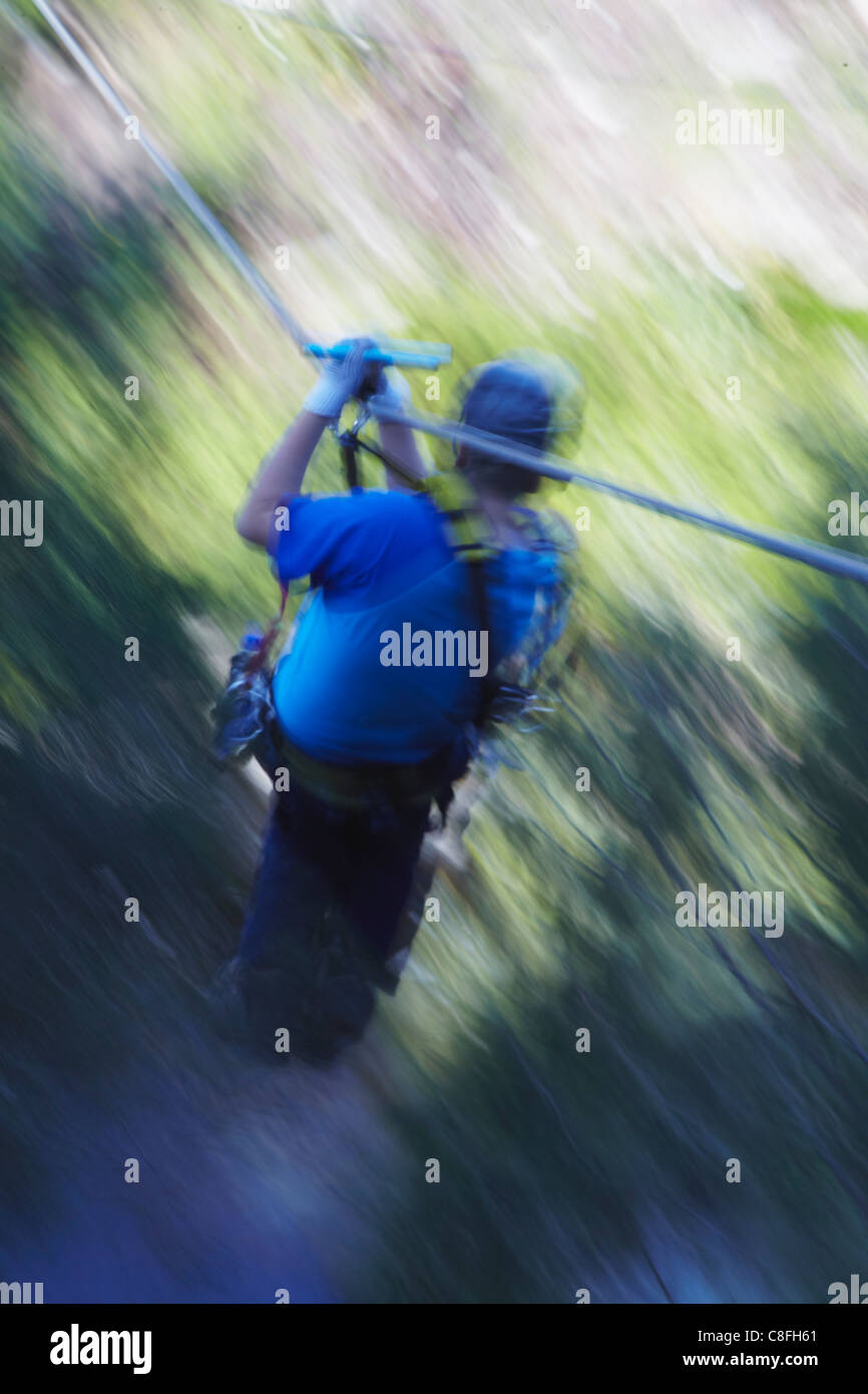 Man sliding down a zip-line, Storms River, Eastern Cape, South Africa ...