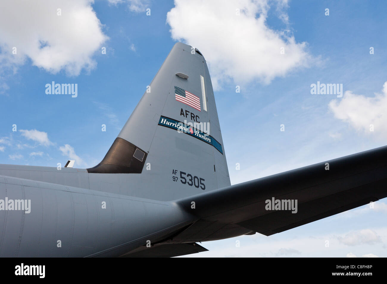 Tail section of a Hurricane Hunter Lockheed WC-130 Weatherbird aircraft ...
