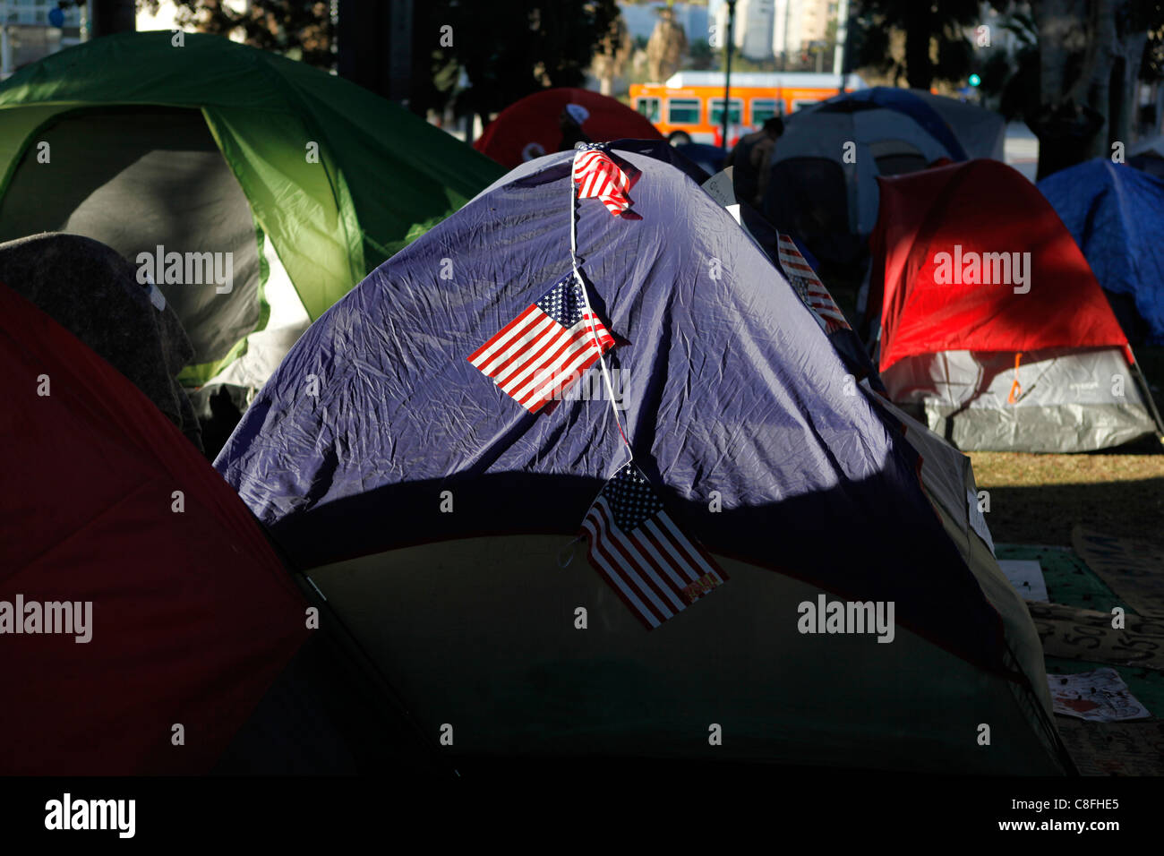Protesters camp at the Los Angeles City hall in solidarity with Occupy ...