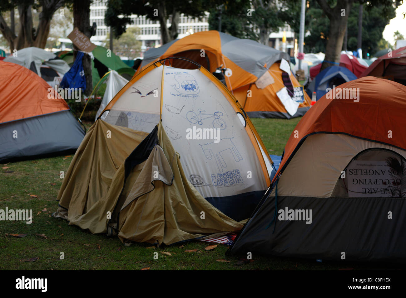 Protesters camp at the Los Angeles City hall in solidarity with Occupy ...