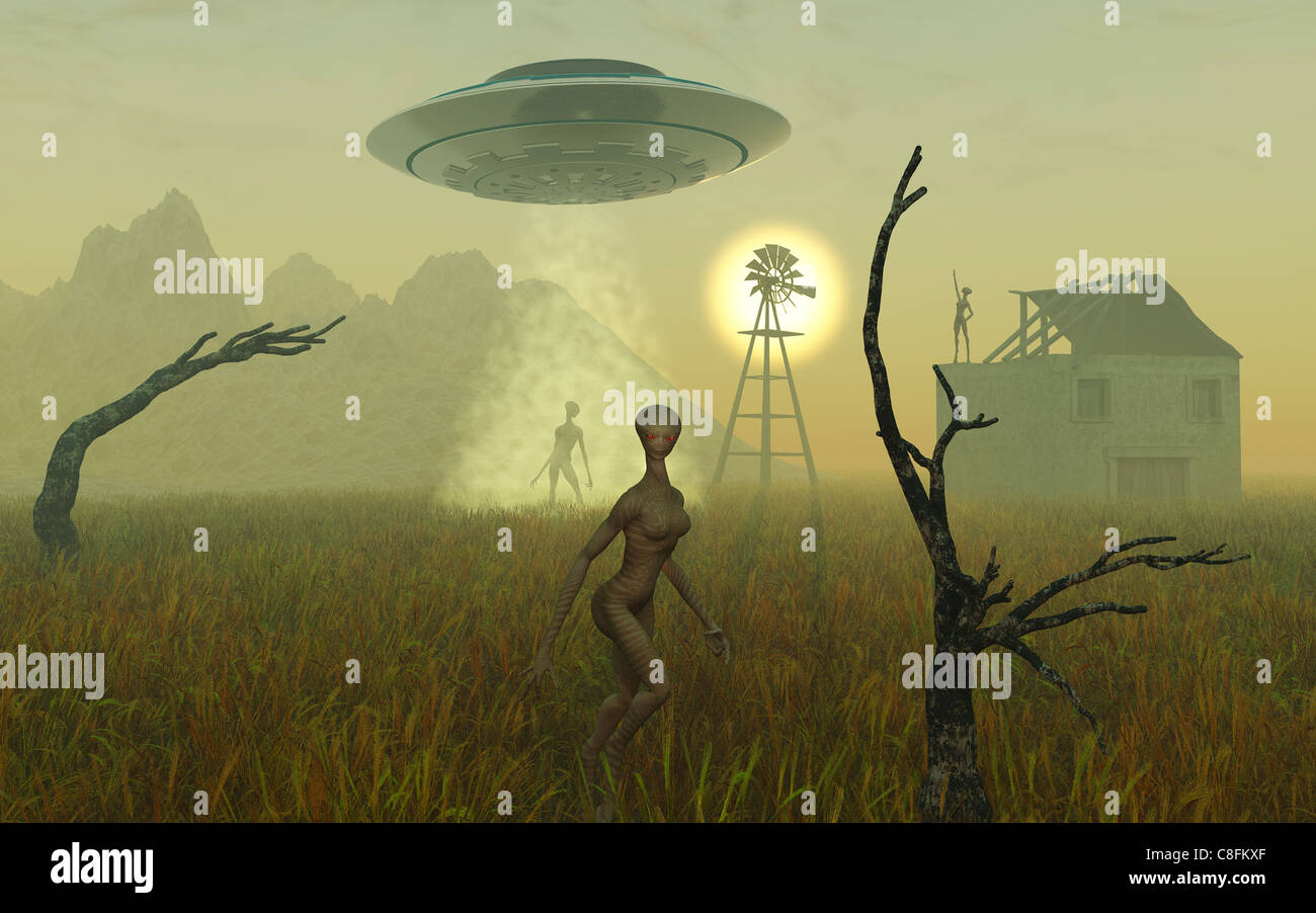 Aliens Exploring A Remote Abandoned Farm Stock Photo - Alamy