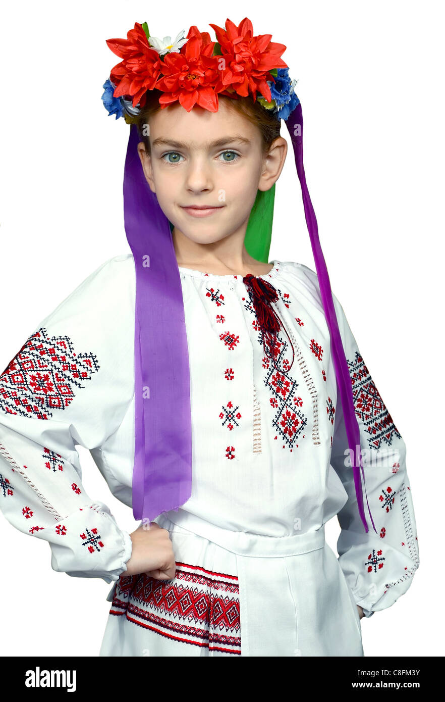 a girl is in the national Ukrainian suit isolated on white background ...