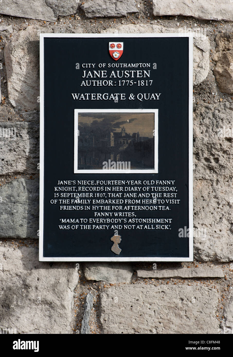 Plaque commemorating Jane Austin at Watergate and Quay, Southampton ...