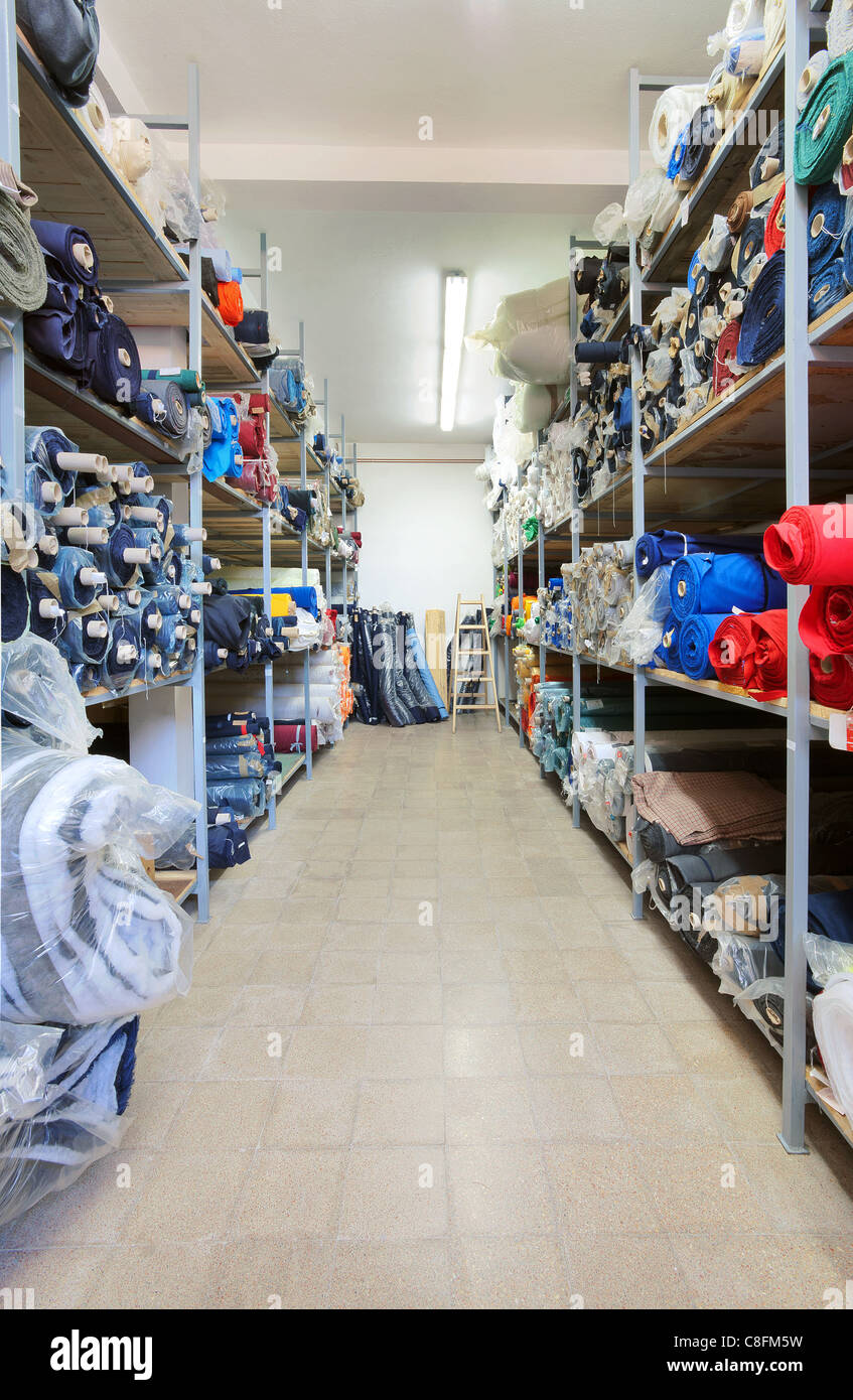 Sewing factory warehouse interior, various materials inventory Stock ...