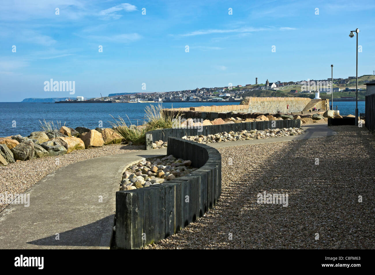 View of entrance road to Banff marina harbour and to Macduff across the ...