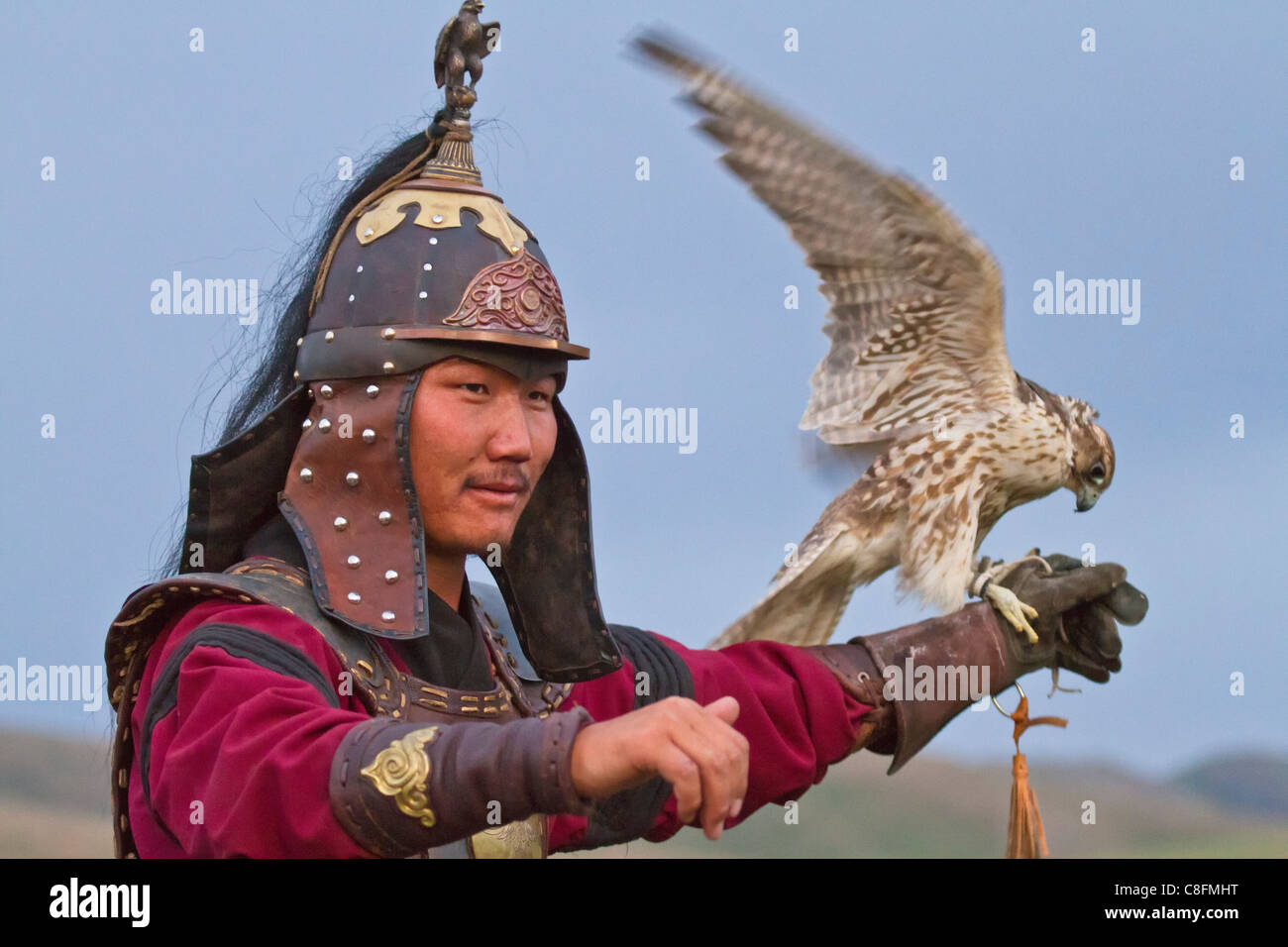 Nomad Mongolian in traditional dress with his hunting falcon Stock ...