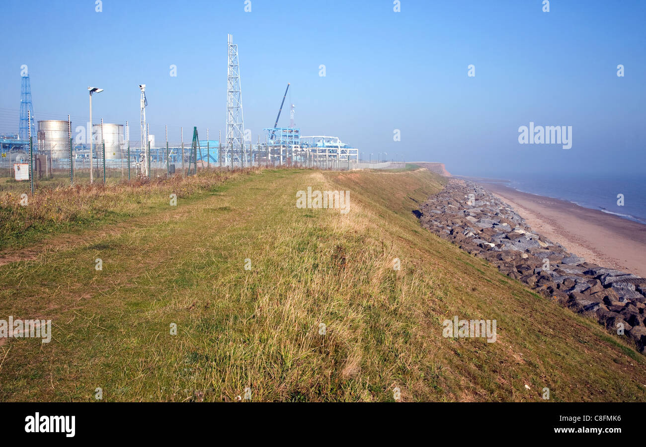 Rock armour coastal defences protect the gas terminal at Easington ...