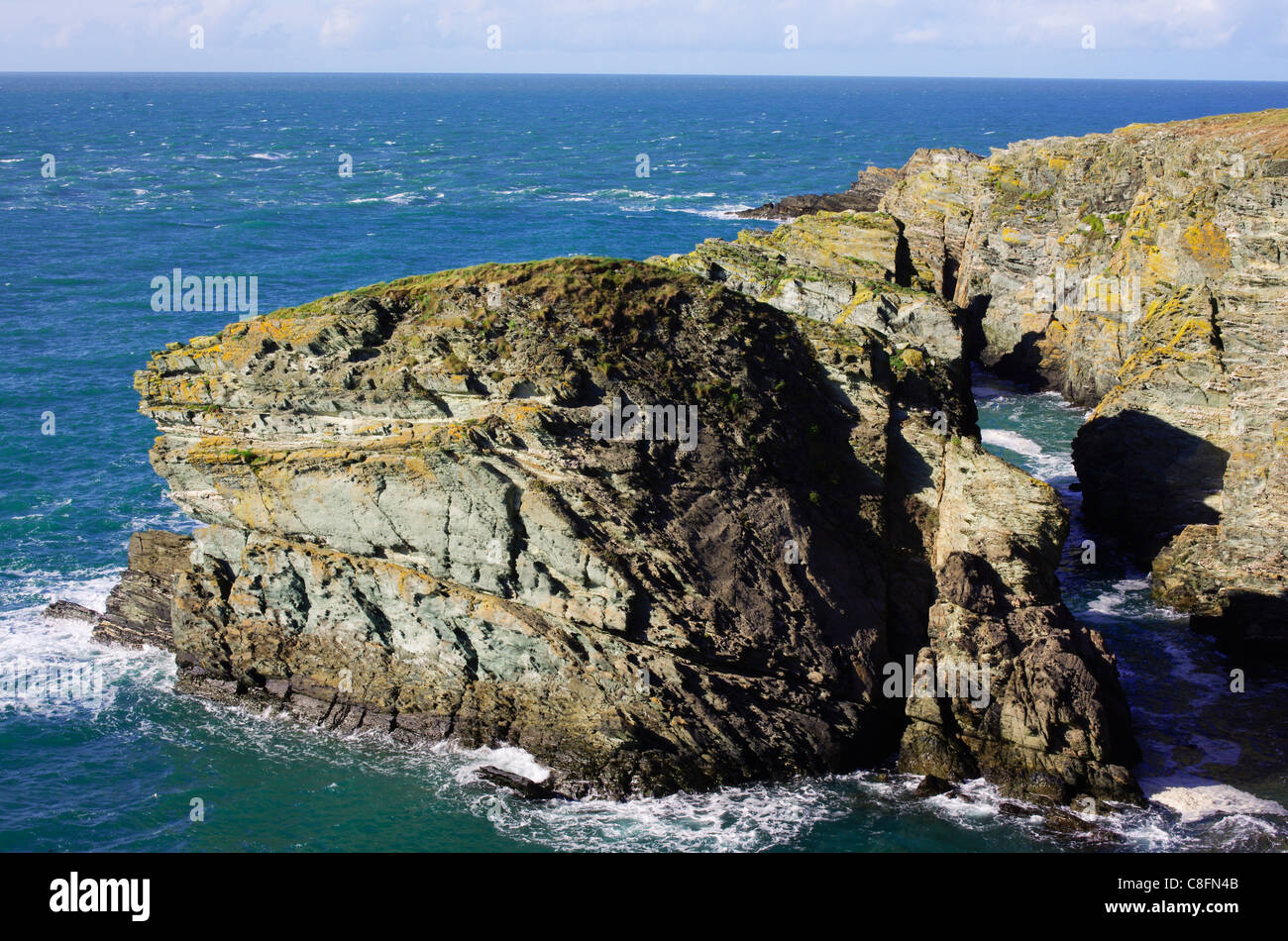 Penrhyn Mawr, Holyhead, Anglesey. Rugged cliffs facing the Irish Sea ...