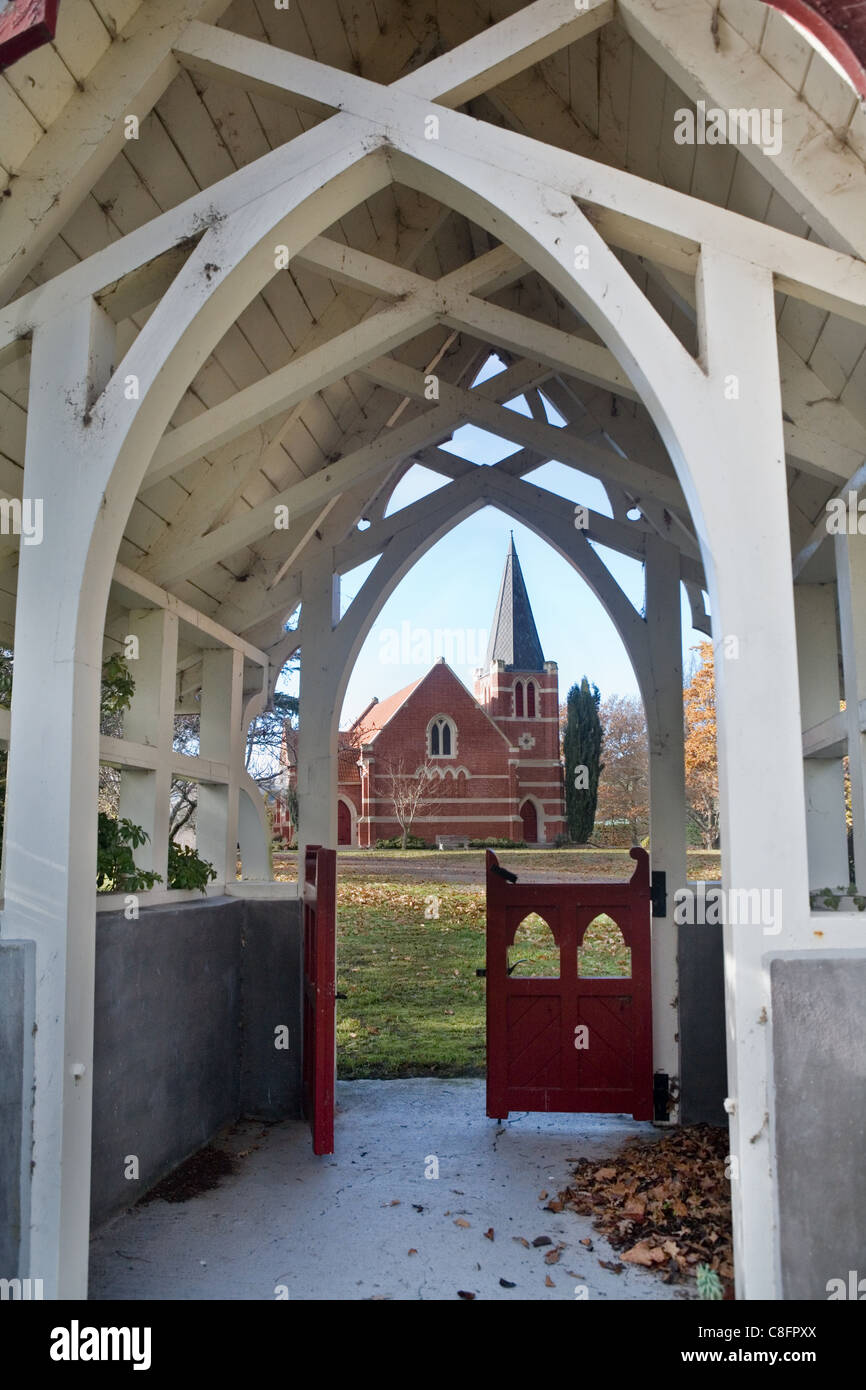 Wooden construction, church building in background, New Zealand Stock ...