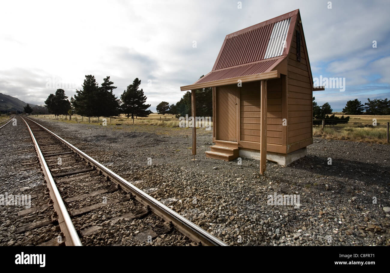 Wooden hut as railway station by Rail track, New Zealand Stock Photo ...