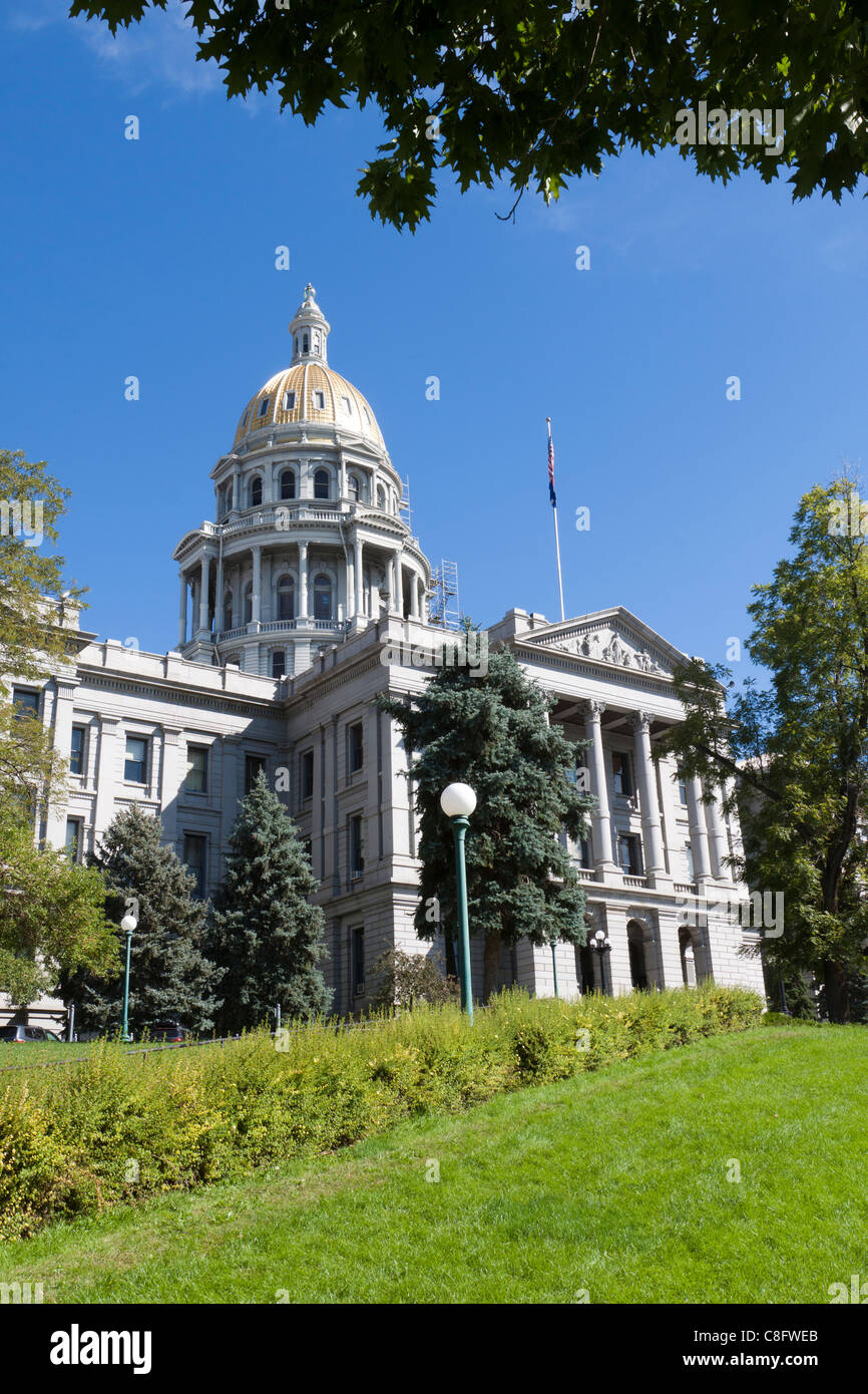 Gold dome and flag above Colorado capitol building in Denver Stock ...