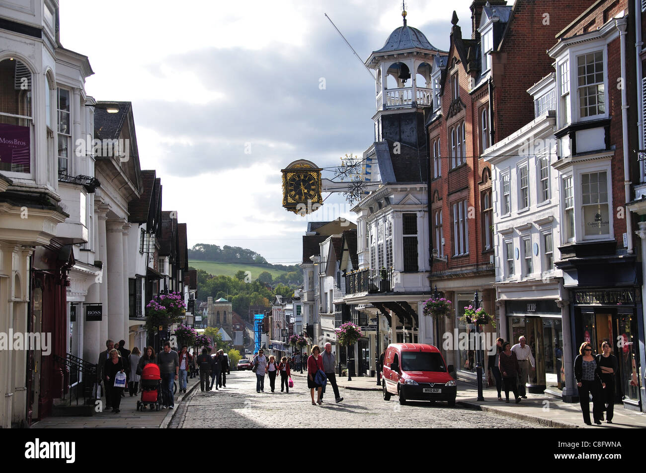 Upper High Street showing Guildhall, Guildford, Surrey, England, United ...