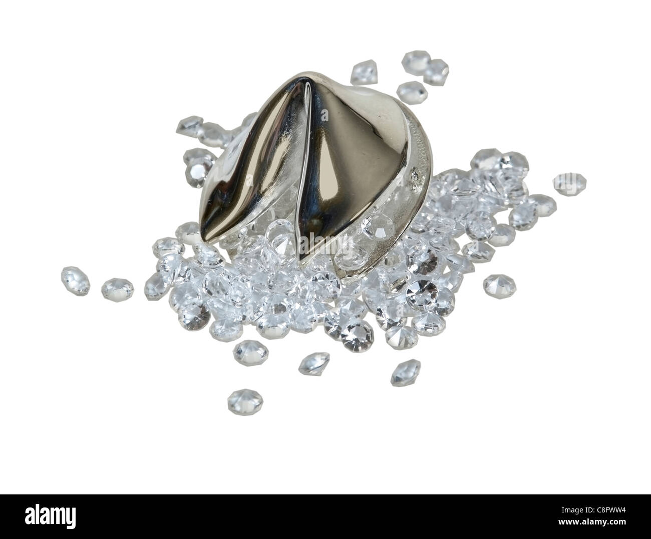 Diamonds spilling out of a silver fortune cookie for obtaining the ...