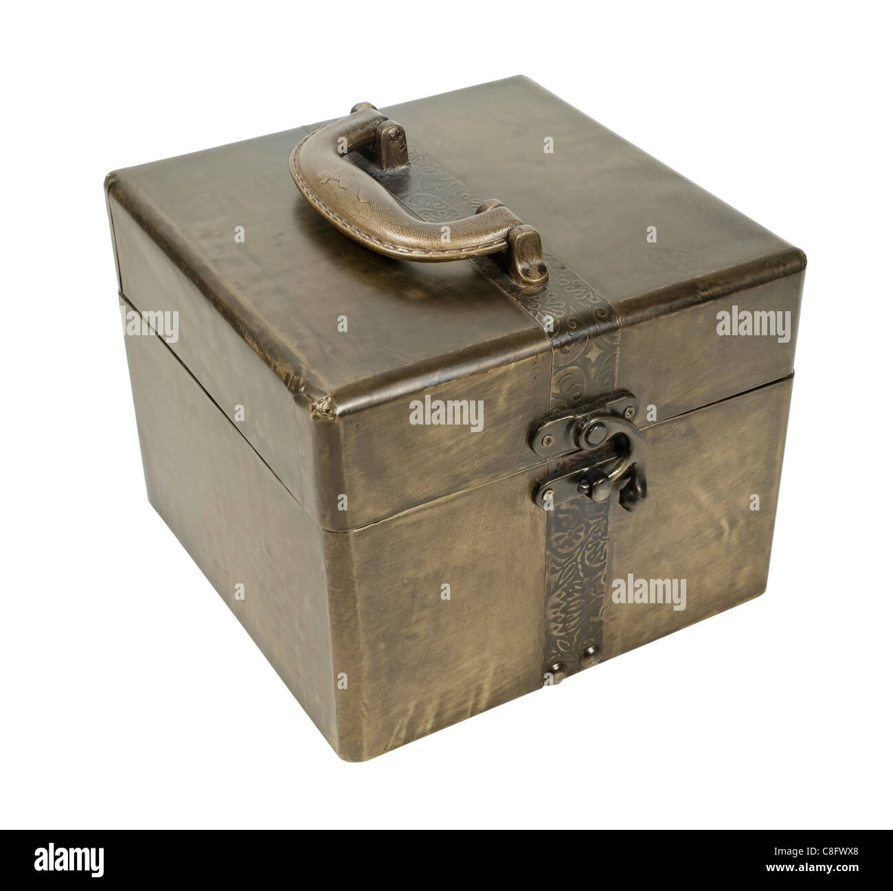 Golden retro cube box with metal accents and a slide lock and handle ...