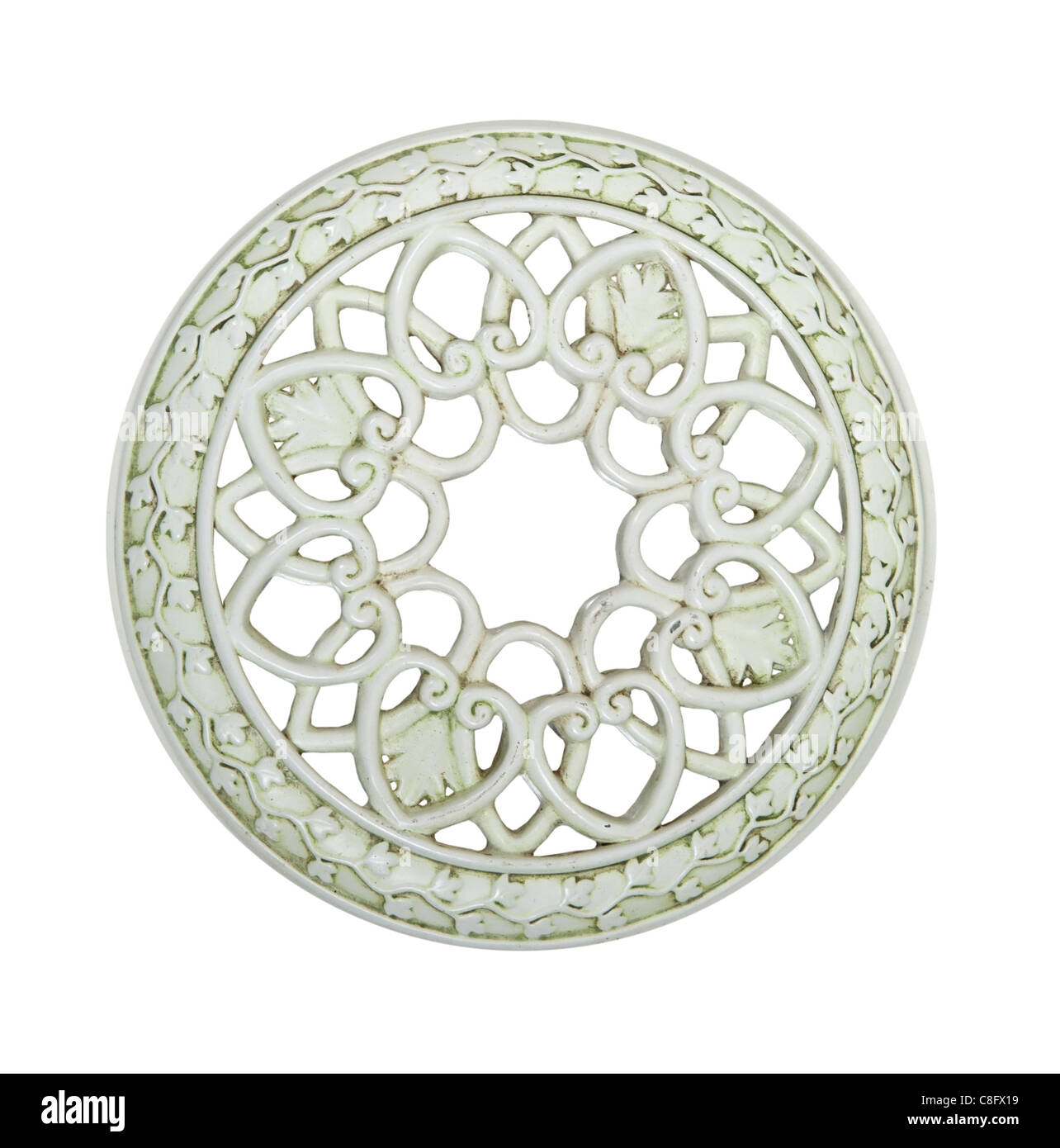 Round decorative antique leaf ceramic tile with vines interwoven around ...