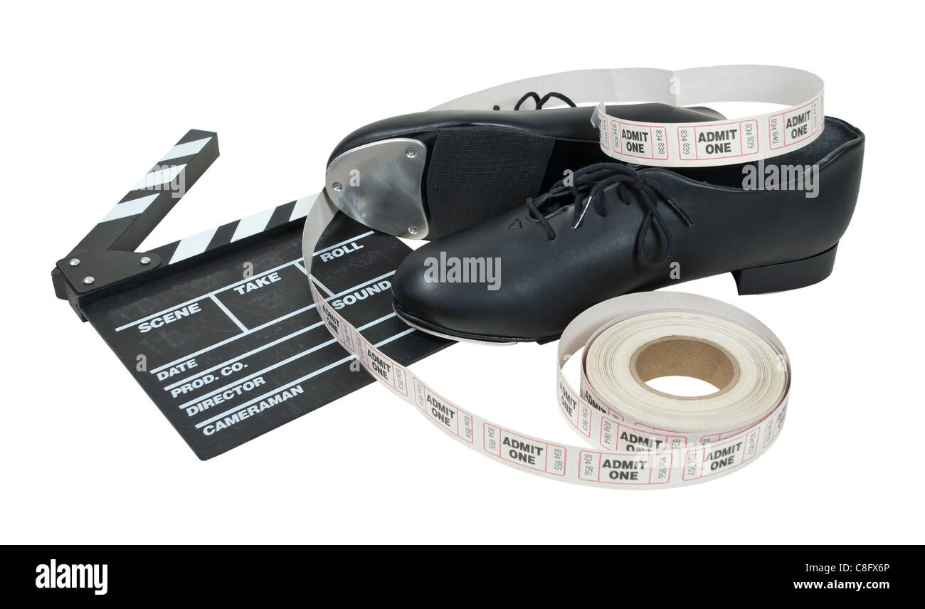 Leather tap shoes with a movie board and a roll of tickets - path ...