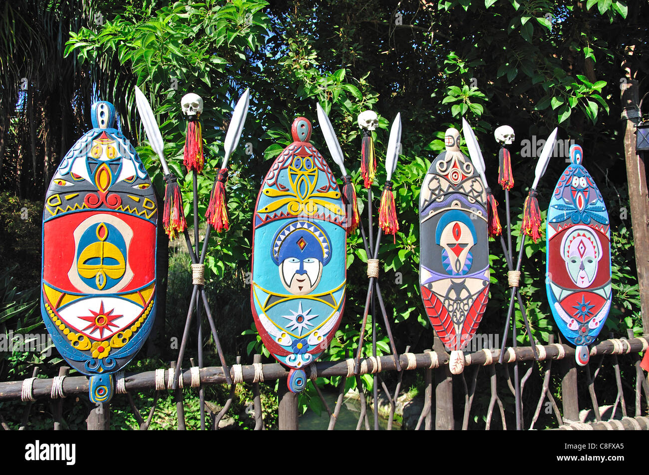 Colourful shields, Polynesia, PortAventura Theme Park, Salou, Costa ...
