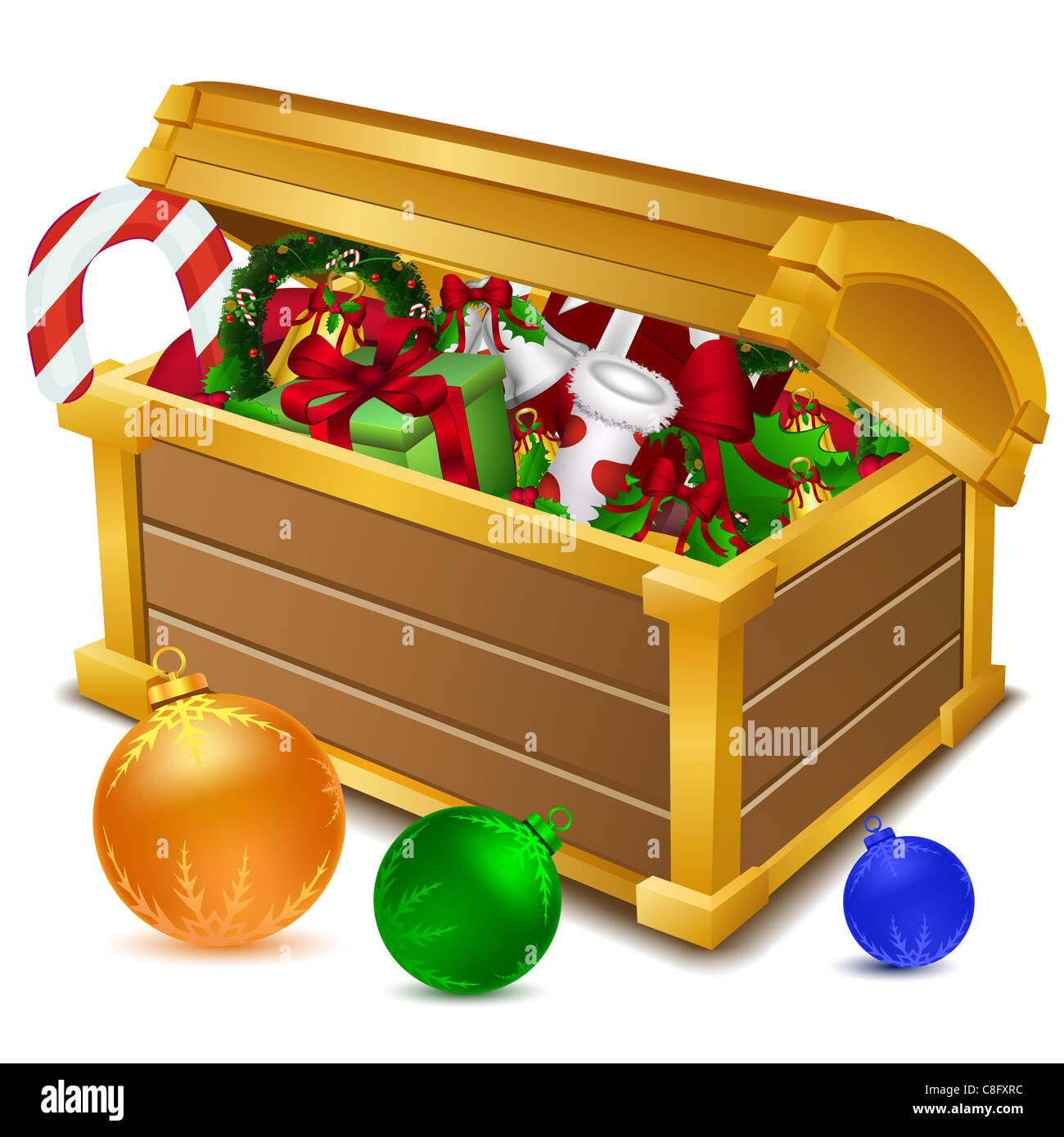 illustration of treasure chest full of christmas goodies on white ...