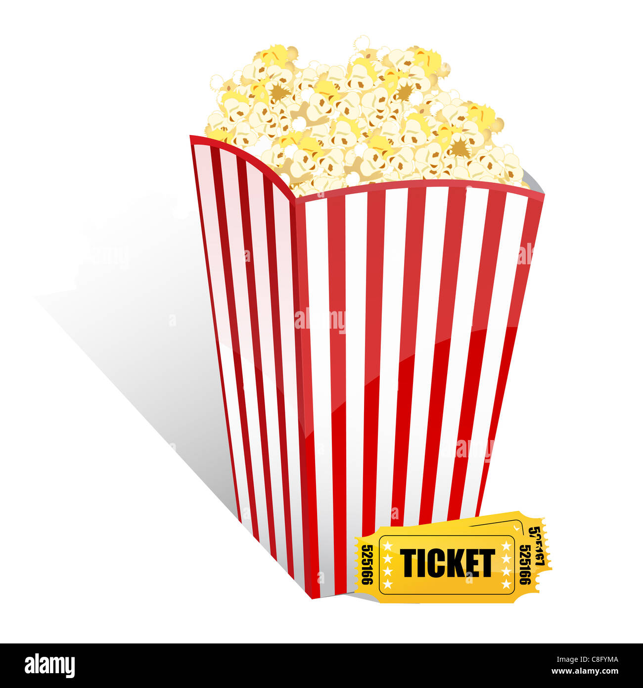 illustration of popcorn with movie ticket on white background Stock ...