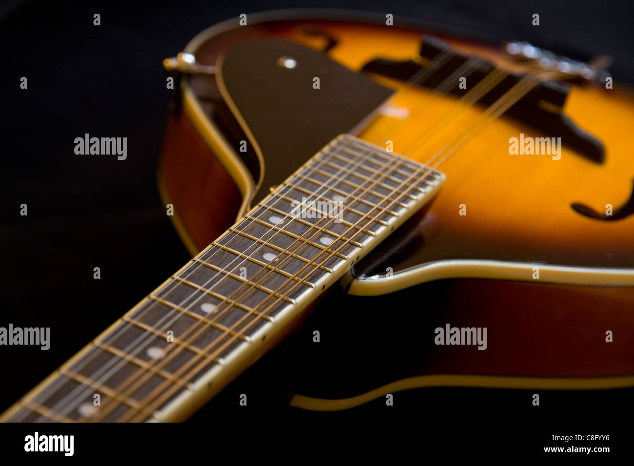 A close-up abstract of an A-frame Washburn mandolin fretboard on a ...