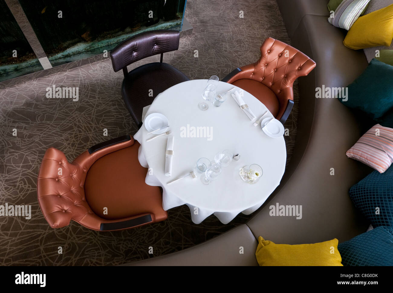 Aerial view of restaurant table with chairs, sofa and pillows Stock ...