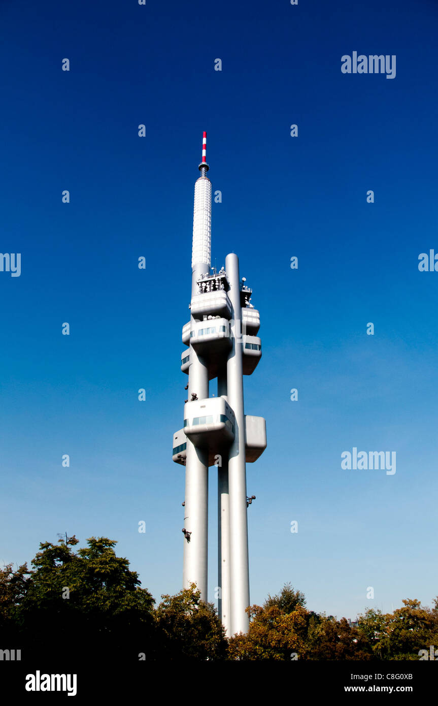 view of the television transmission tower in Prague Zizkov Stock Photo ...