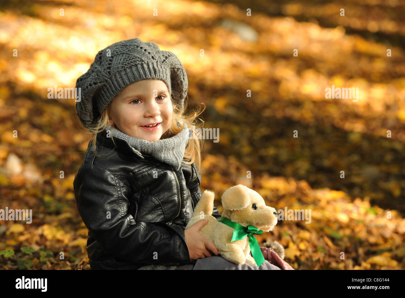 Little girl in autumn leaves scenery Stock Photo - Alamy