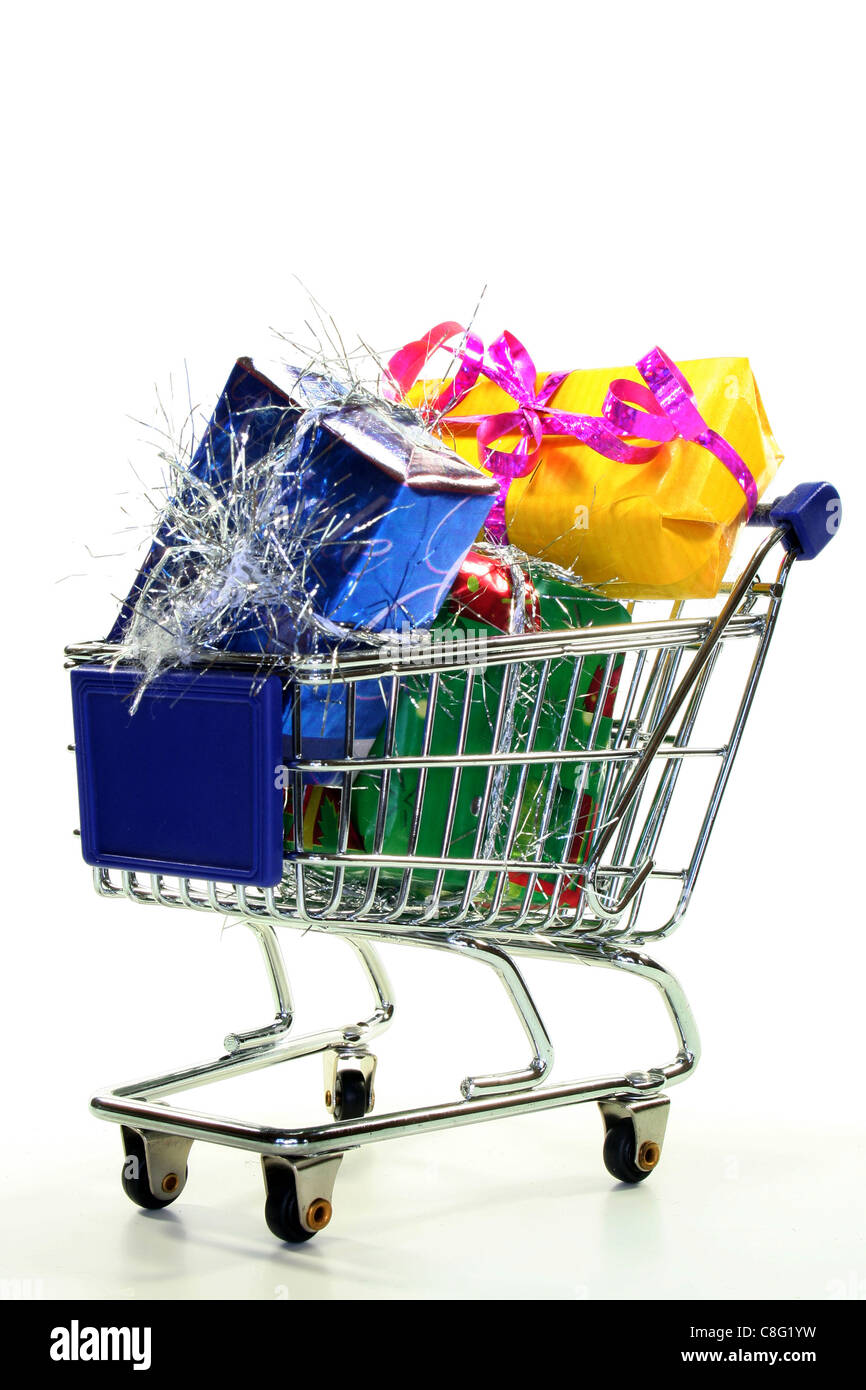Shopping Cart loaded with many Christmas presents Stock Photo - Alamy