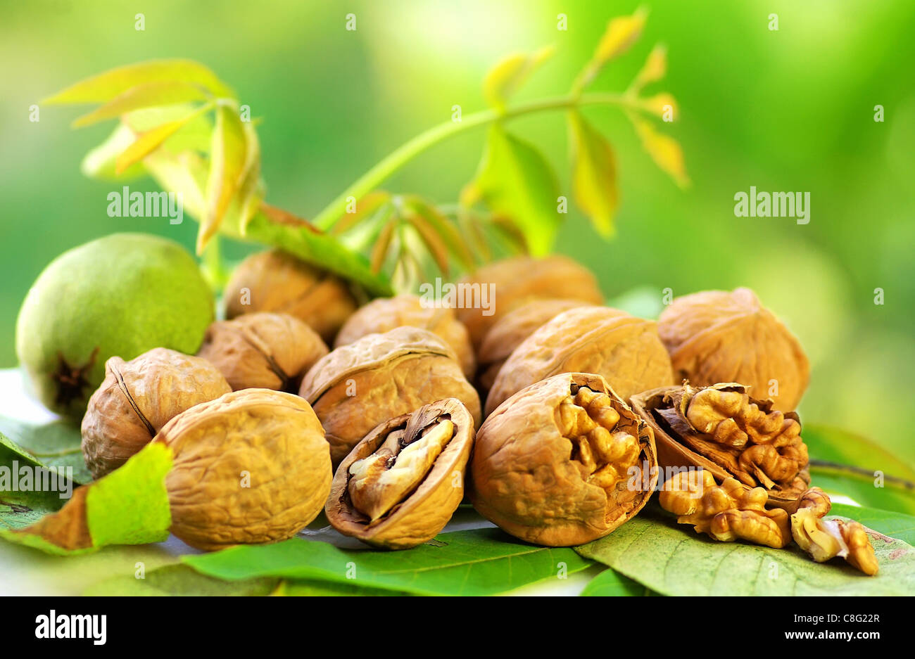 Broken nuts on green background Stock Photo - Alamy