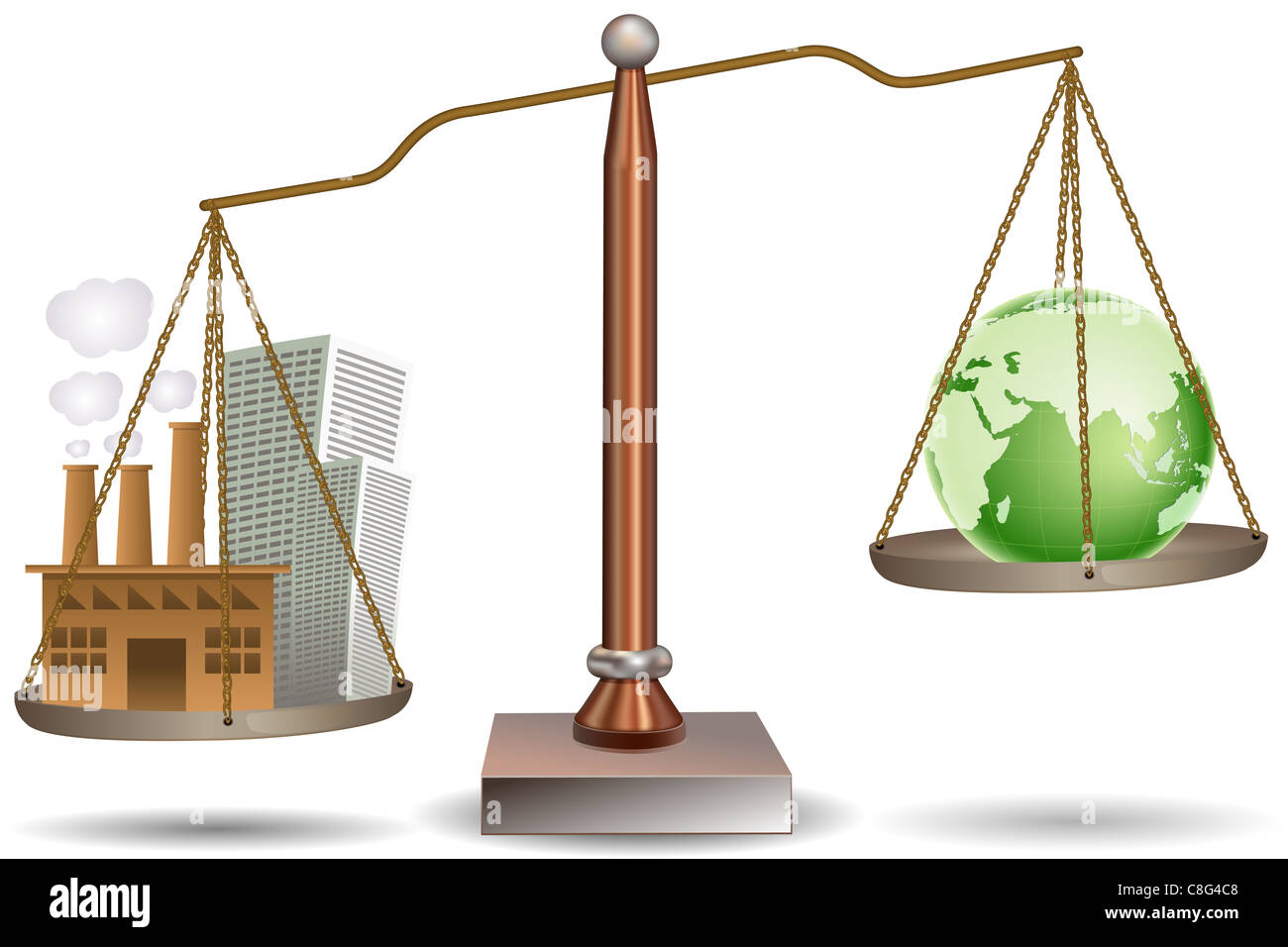 illustration of beam balance with globe and building on white ...