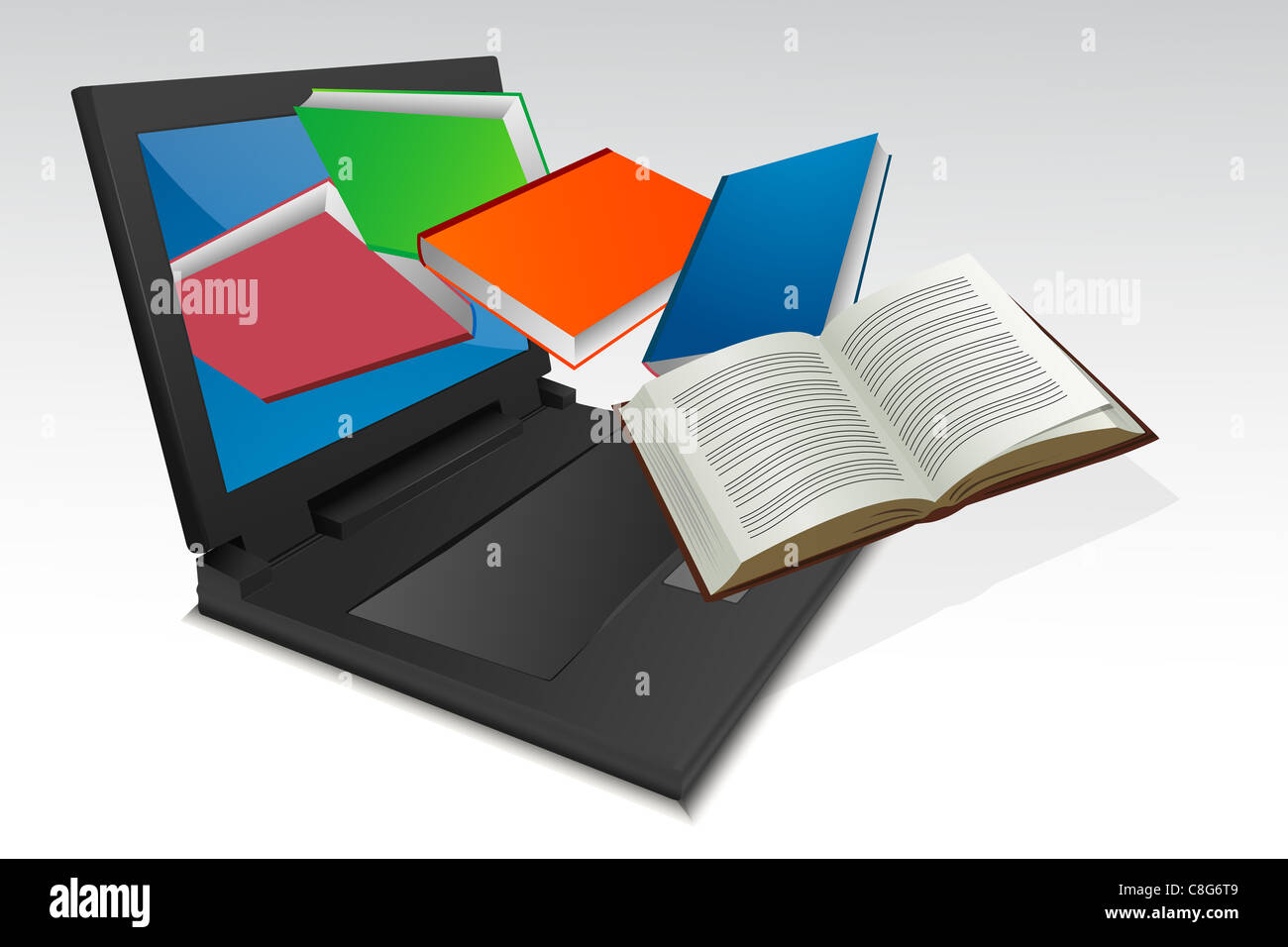 illustration of books coming out from laptop Stock Photo - Alamy