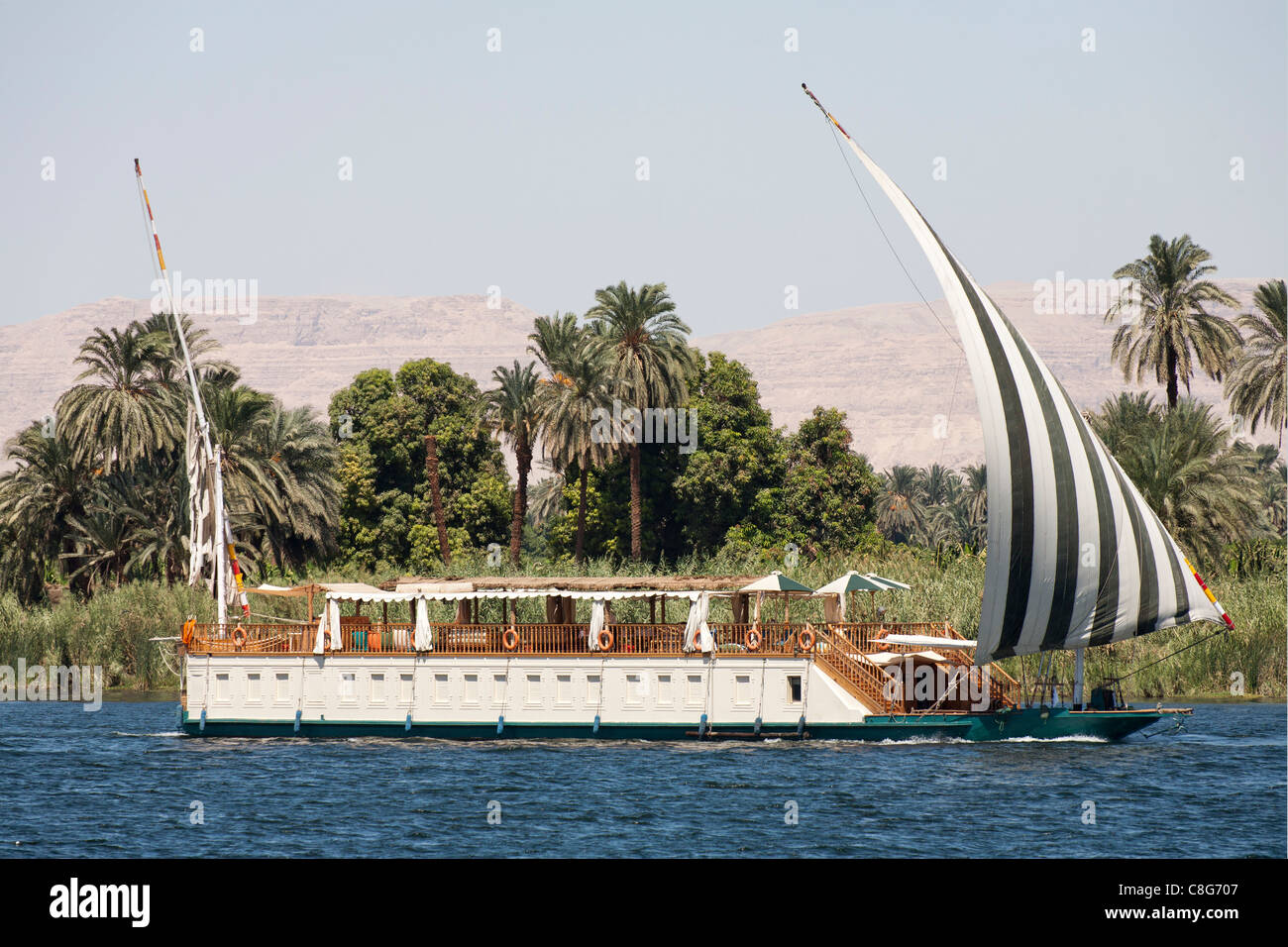 A dahabiya sailing on the river Nile Egypt, near the bank with palms ...