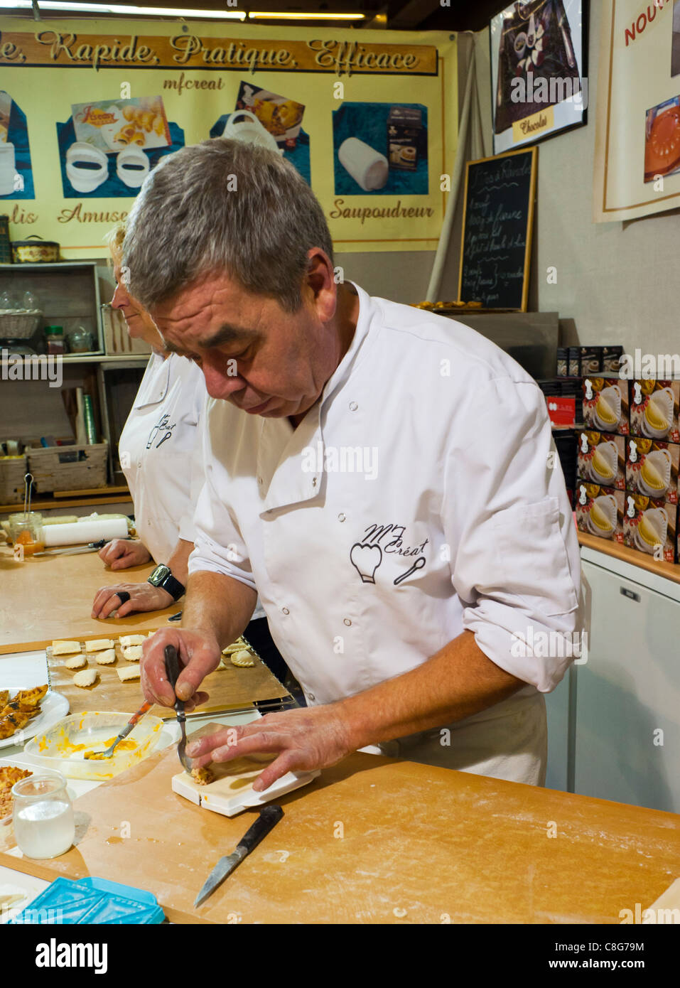 Paris, France, French Chef Showing Cooking Materials on Stall, Consumer ...