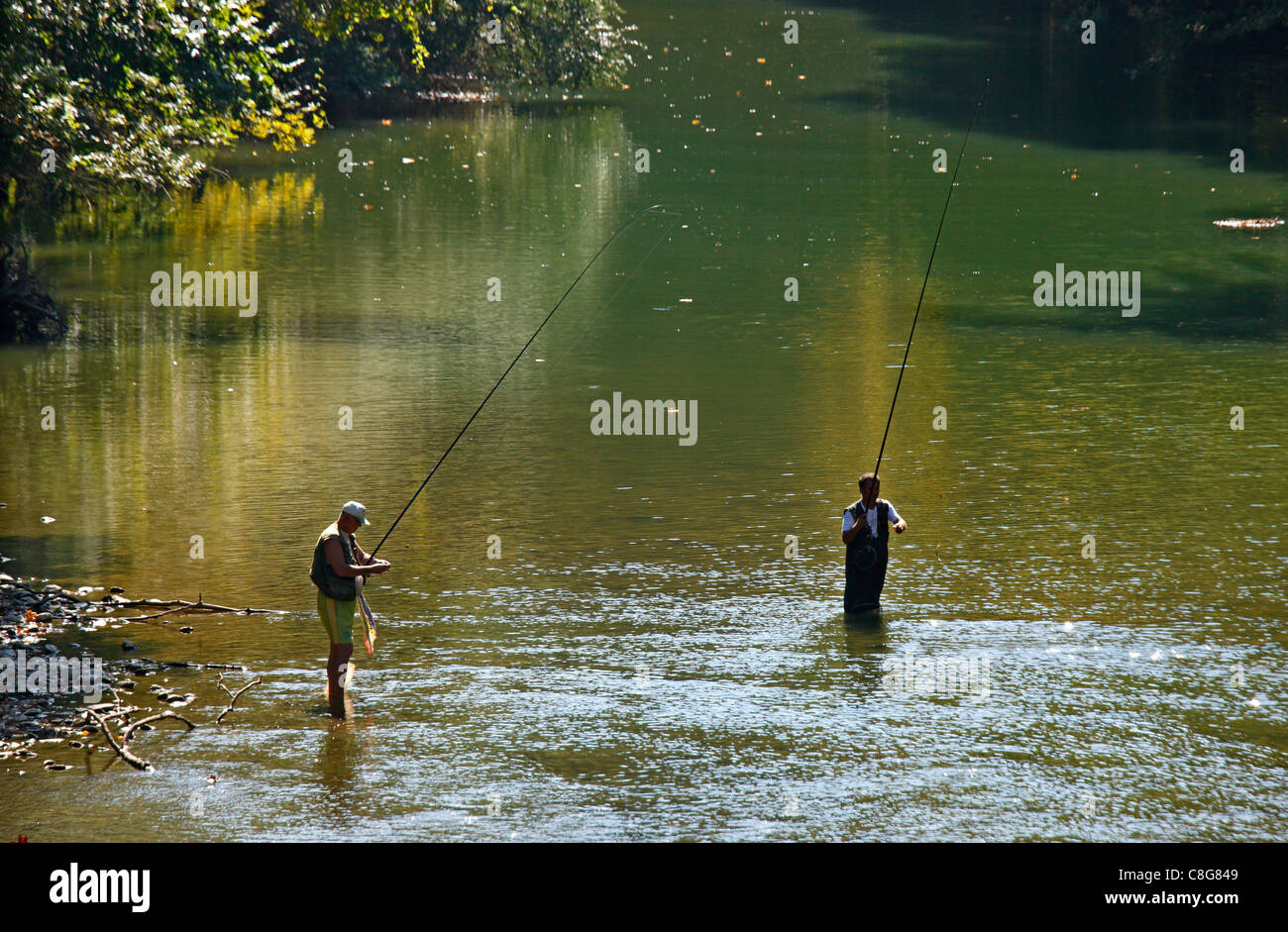 Fishermen, fishing on river Pineios, Tempi Valley, Larisa, Thessaly ...