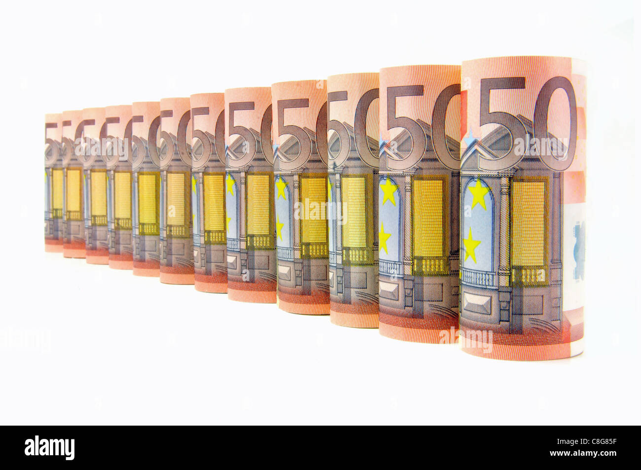 Rolled up 50 Euro banknotes on white background Stock Photo - Alamy