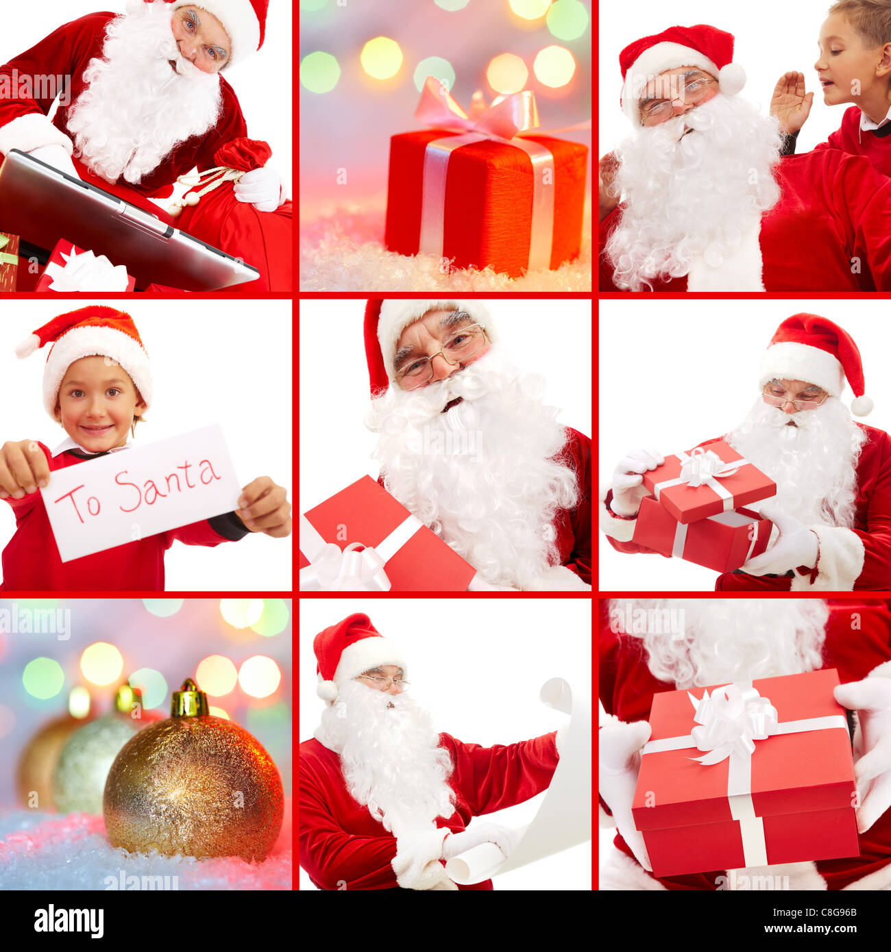 Collage of Santa Claus with gifts and cute boy before Christmas Stock ...