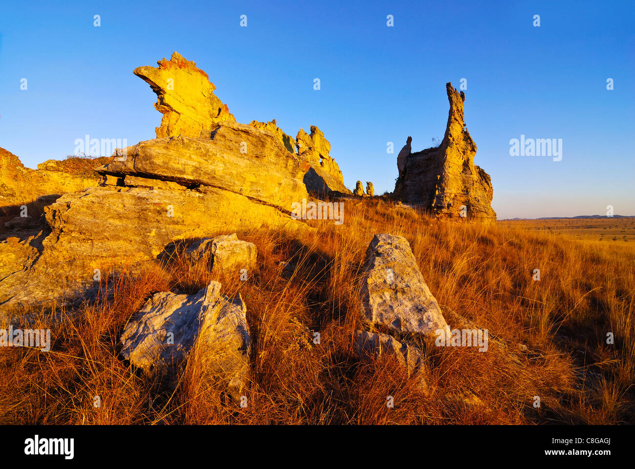 Rock formation shimmering golden at sunset in the Isalo National Park ...