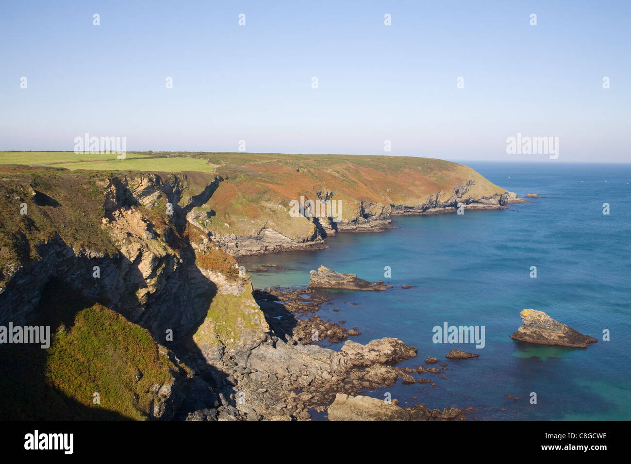 Cornwall September Rugged Cornish coastline with a deep blue sea and ...